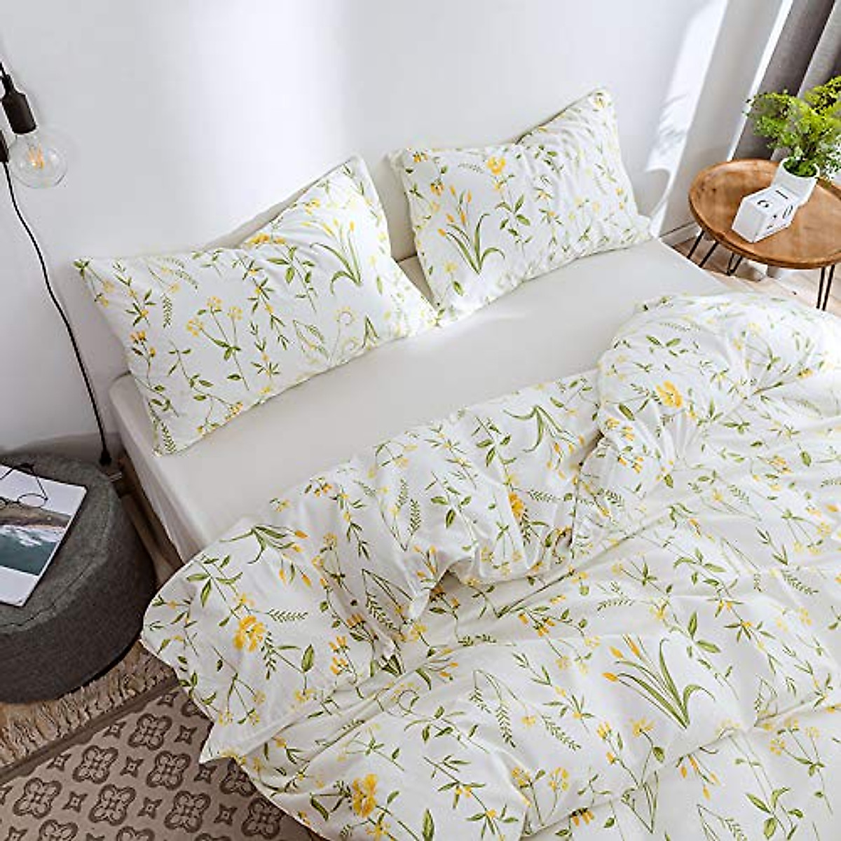 Lurson White Botanical Floral Duvet Cover Set Full Queen Size 100 Organic Cotton Boho Floral Bedding Set Yellow Green Flower Printed Reversible Comforter Quilt Cover Zipper Closure 3 Pieces (HH,Q)