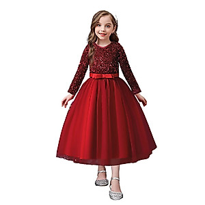 Baby Girls Valentine's Day Sequin Dress Outfit Party Clothes Girl Kids Long Sleeve Wedding Princess Pageant Dresses (Red, 11-12 Years)