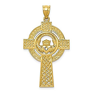 IceCarats 14K Yellow Gold Celtic Heart Love Irish Claddagh Holy Cross Necklace Religious Pendant Jesus Christ Charm Jewelry 40mm x 22mm Only