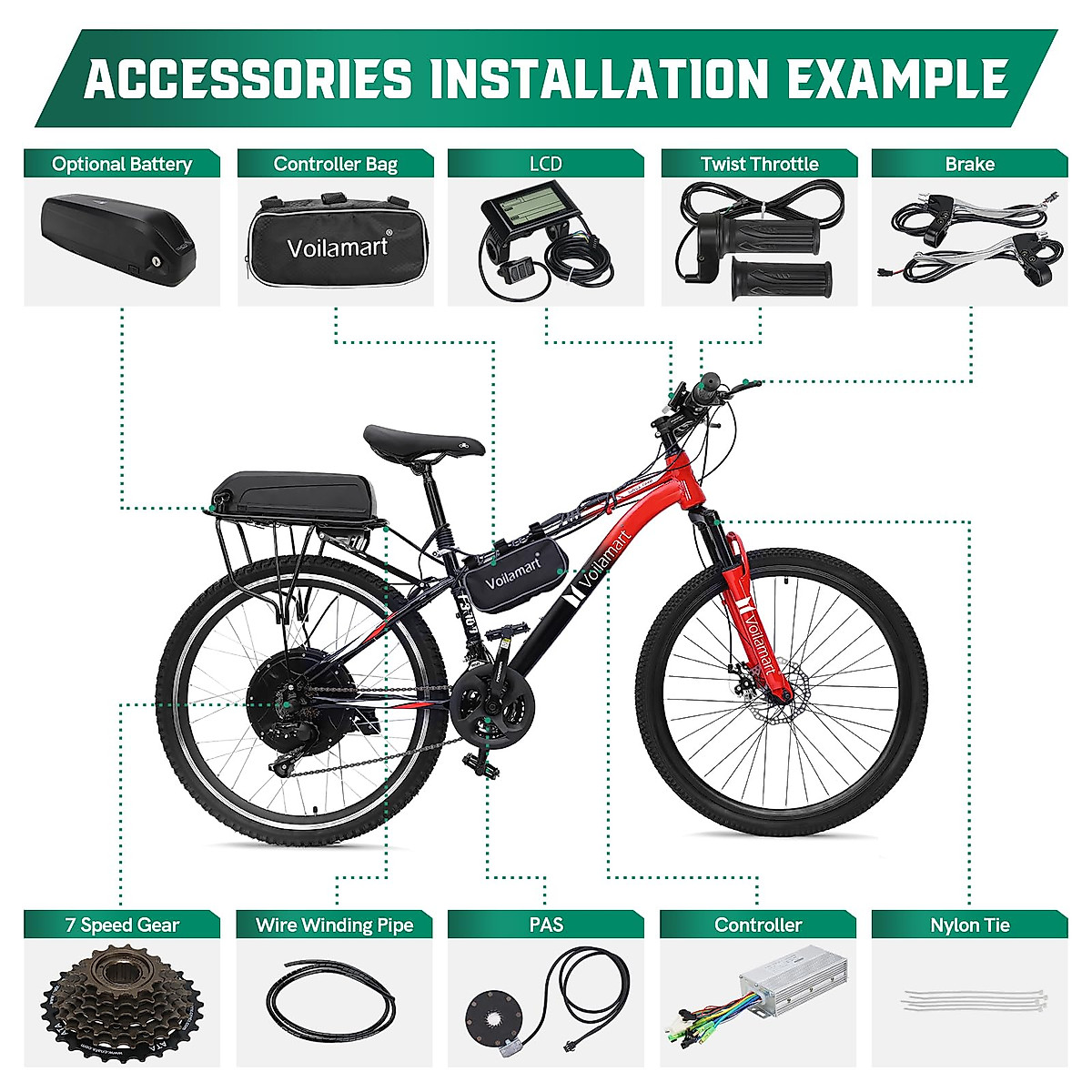 Voilamart Electric Bicycle Kit 26" Rear Wheel 48V 1000W E-Bike Conversion Kit with LCD Display, Cycling Hub Motor with Intelligent Controller and PAS System for Road Bike(without Battery)