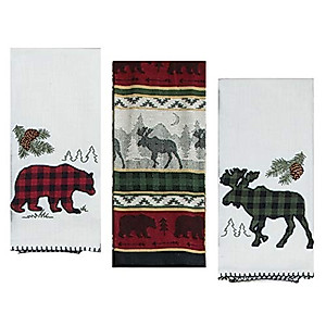 3 Cabin Lodge Themed Decorative Cotton Kitchen Towels Set with Bear and Moose Print | 2 Applique Tea Towels and 1 Jacquard Tea Towel for Dish and Hand Drying | by Kay Dee Designs