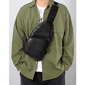 Xinteorao Men's Leather Sling Bag Shoulder Chest Crossbody Bag with USB Charging Port Black