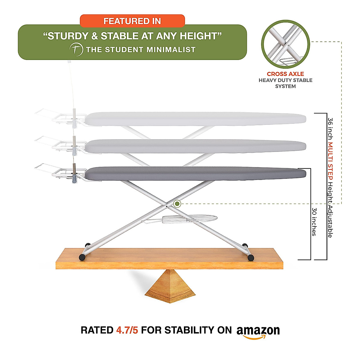 Xabitat Full Size Ironing Board 57" X 15" with Wall Mount Hanger, Full Metal Construction Iron Board, Built in Iron Caddy, Heat & Scorch Resistant Fabric, Cord Holder, Anti-Skid Feet, Heavy Duty