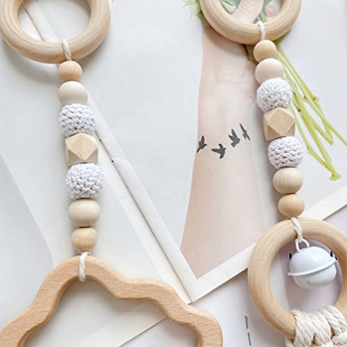 Beavorty 4Pcs Baby Wooden Gym Teething Rings with Tassels Macrame Fitness Woven Crib Hanging Rattles Pendants Toys Crib Hanging Ornaments