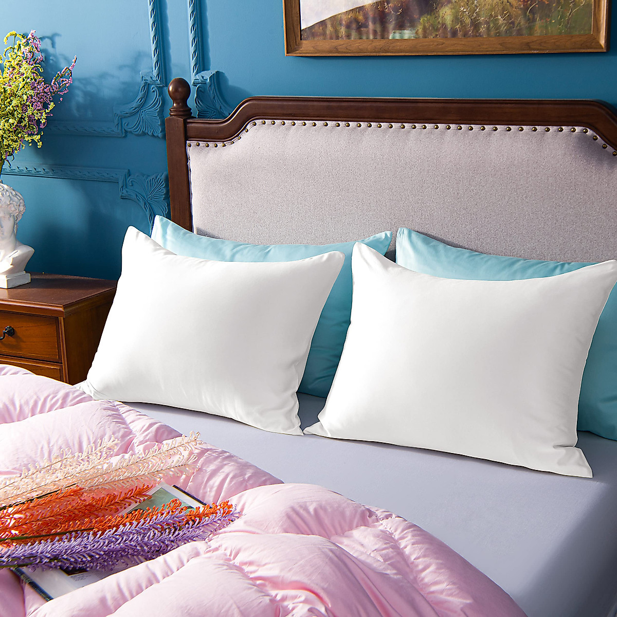 NTBAY Zippered Satin Pillow Cases for Hair and Skin, Luxury Standard Hidden Zipper Pillowcases Set of 2, 20x26 Inches, Pure White