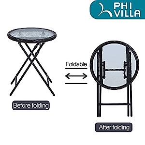 PHI VILLA Outdoor Patio Folding Small Side Table Round with Tempered Glass Top, Rattan Edge and Metal Frame