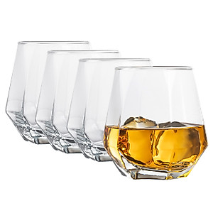 Diamond Whiskey Glasses - Stemless Wine Glass Set of 4- Geometric Tilting Design- Rolling Whiskey Glasses -Stem Less Anti Rocking Cup Diamonds Shaped Tilted Glassware Drinking Tumblers for Wiskey/Wine