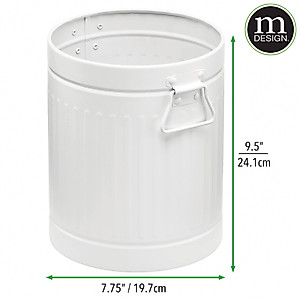 mDesign Steel Metal 2 Gallon/7 Liter Trash Can Wastebasket, Garbage Bin with Handles for Bathroom, Kitchen, Bedroom, Office - Holds Trash, Waste, Garbage, Recycling - White