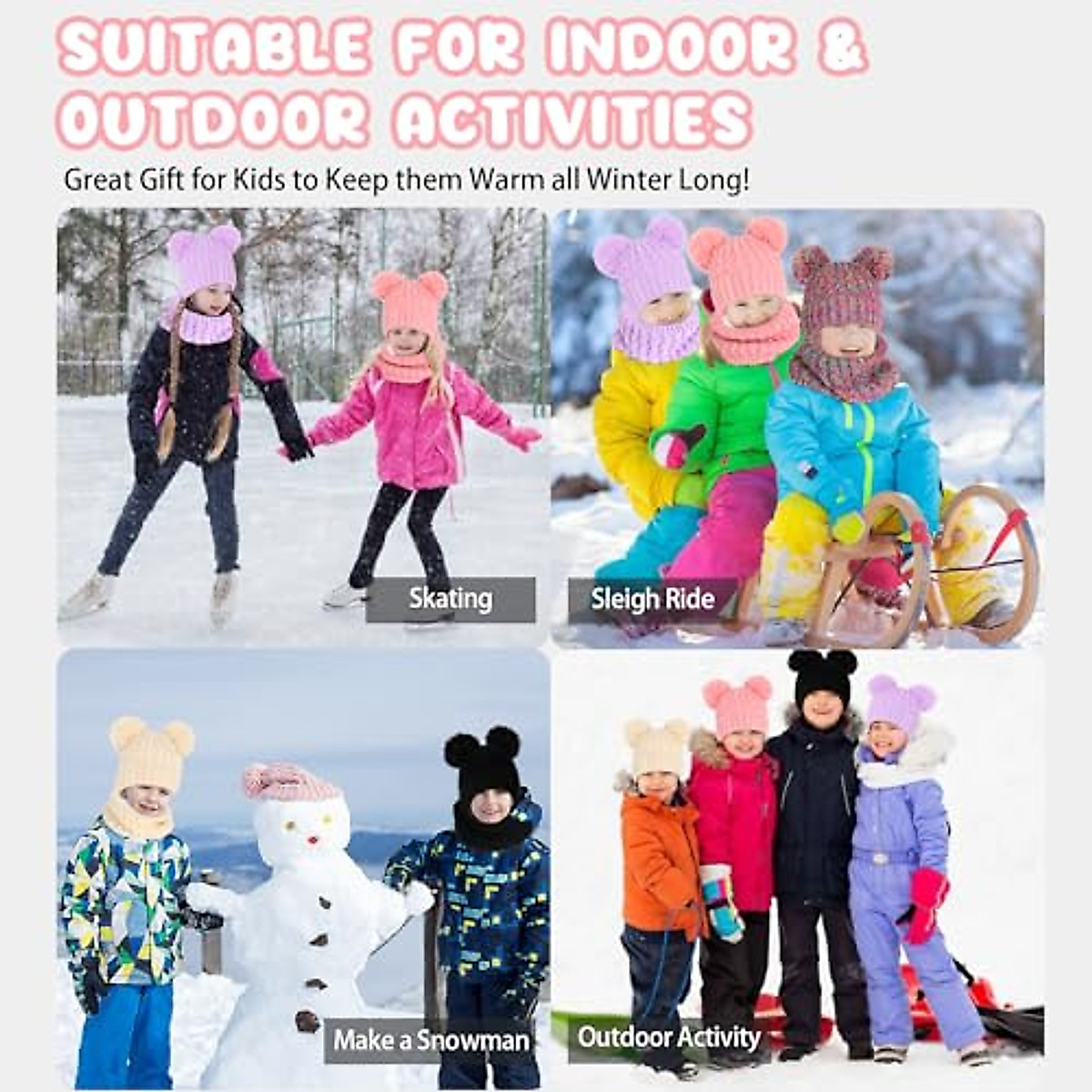 Kids Winter Beanie Hat Scarf Touchscreen Gloves Set, Fleece Lining Boys Girls Winter Hat Neck Warmer Gloves for 1-6 Years