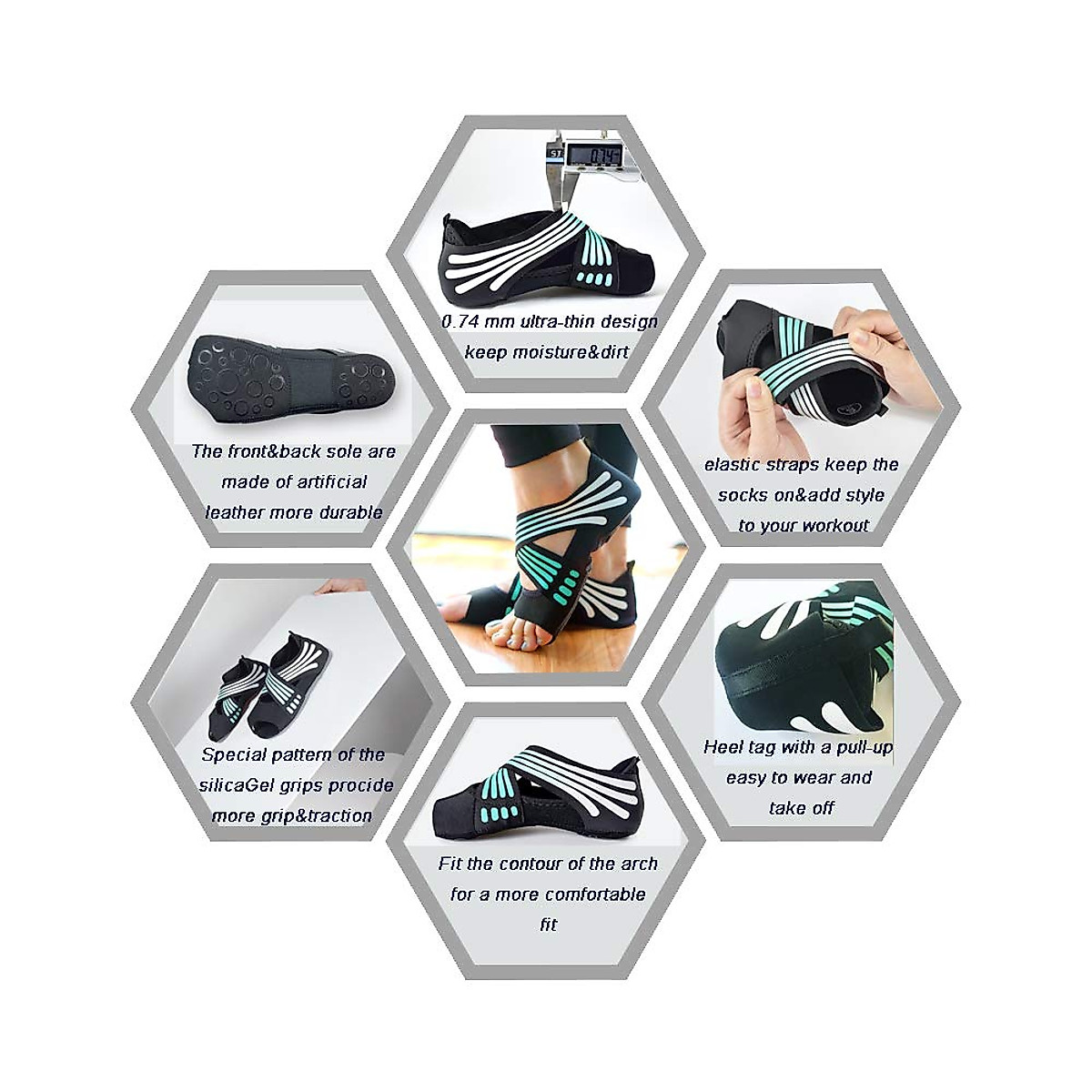 ABIRAM Yoga Socks Toeless Non-Slip Grips & Straps, for Pilates, Barre, Ballet, Bikram, Workout for Women