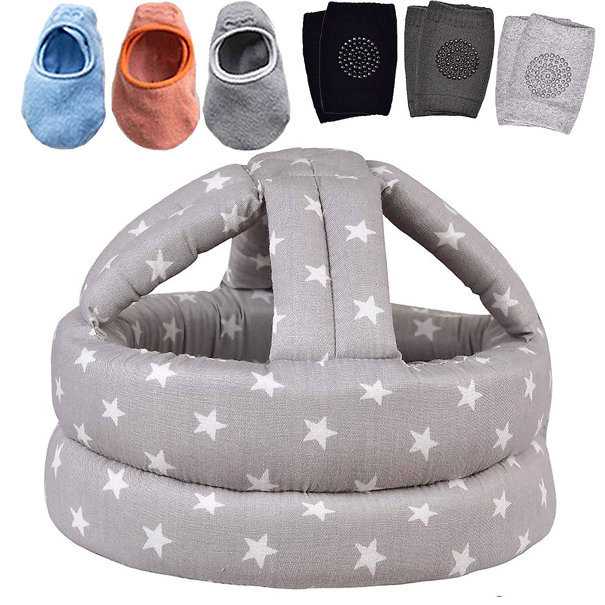 Baby Safety Helmet, Infant Baby Head Protector with 3 Pairs Baby Knee Pads for Crawling & 3 Pairs Baby Socks, Head Cushion Bumper Bonnet, Soft Headguard for Toddler Learning to Walk, Gray Star