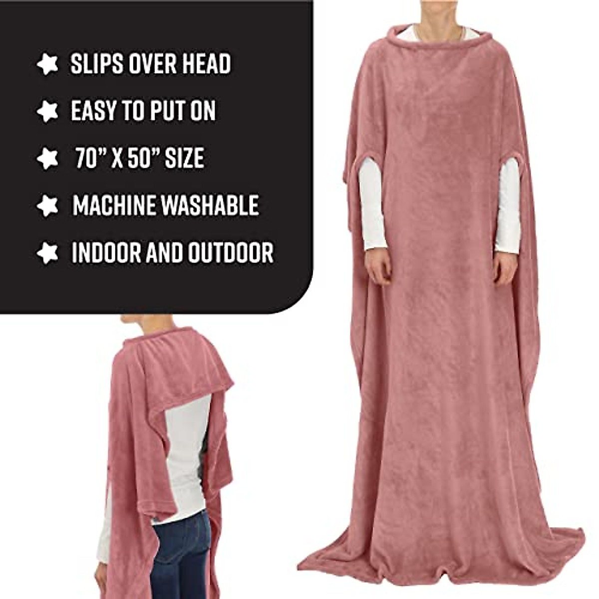 CANDY CANE Premium Wearable Blanket 70"x50" with Three Holes - Super Soft, Lightweight, Microplush, Cozy and Functional Throw Blanket for Adult, Women and Men (Sunset Pink)