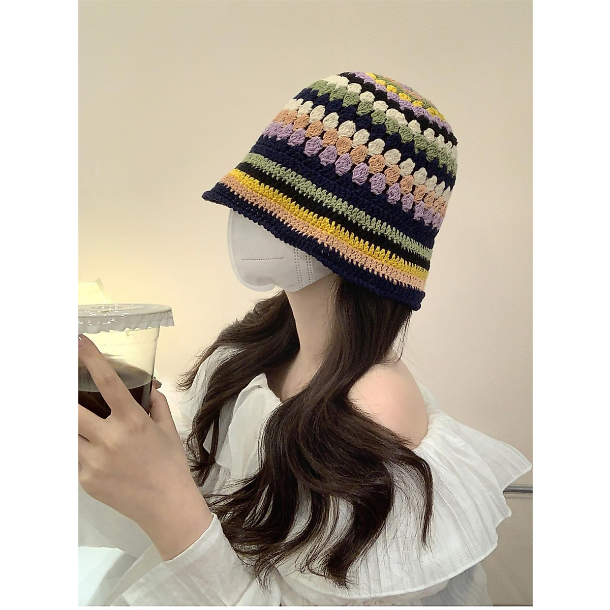 Women Crochet Bucket Hats Handmade Cloche Hats Knitted Beanies Floppy Fishing Hat Floral Cap Striped Trendy Outdoor