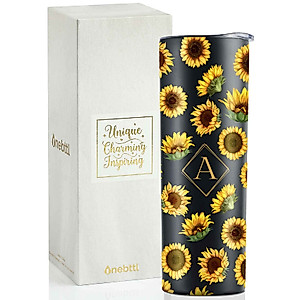 Onebttl Sunflower Gifts with Initial for Sunflower Lovers, Initial 20 oz Stainless Steel Wine Tumbler with Sunflower Design, Perfect Gifts for Women & Girls, Birthday, Christmas, Mother's Day - A