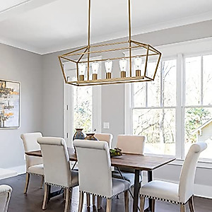 VINLUZ 5 Light Modern Kitchen Island Light in Gold Finish,Industrial Hanging Pendant Lighting Fixture with Metal Frame Linear Lantern Chandelier for Dining Room Foyer Cafe Bar