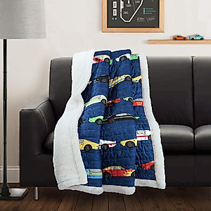 Lush Decor Cars Throw | Fuzzy Reversible Sherpa Blanket with Racing Print Design for Kids-60” x 50, Navy