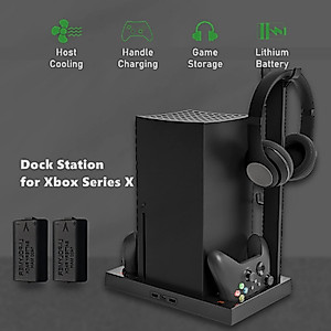 Vertical Cooling Stand for Xbox Series X Console and Controller, Dual Gamepad Charging Dock with 1400mAh Rechargeable Battery & Series X Cooler Cooling Fan