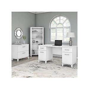 Bush SET013WH 60-Inch W Office Desk w/Lateral File Cabinet and 5-Shelf Bookcase White