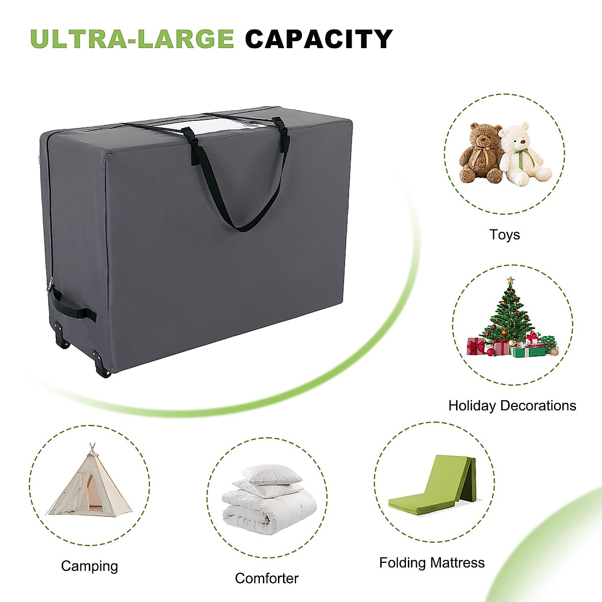 Cuddly Nest Rolling Folding Mattress Storage Bag - Heavy Duty Storage Container Fits for Tri-Fold Mattress Christmas Tree with 2 Wheels & Handles(Fits 6" QUEEN Mattress)