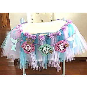 2 in 1 Mermaid 1st Birthday Party Supplies High Chair Tutu Tulle Decoration for Baby Purple Blue Shell "ONE" Pennant Under The Sea Mermaid Happy Birthday Favors for Highchair