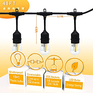 Anxbbo LED Outdoor String Lights, 48FT Patio Lights with 16 Edison Shatterproof Bulbs, UL Listed Heavy-Duty Commercial Grade Strand, Linkable Waterproof Hanging Lights for Outside Deck Backyard Garden
