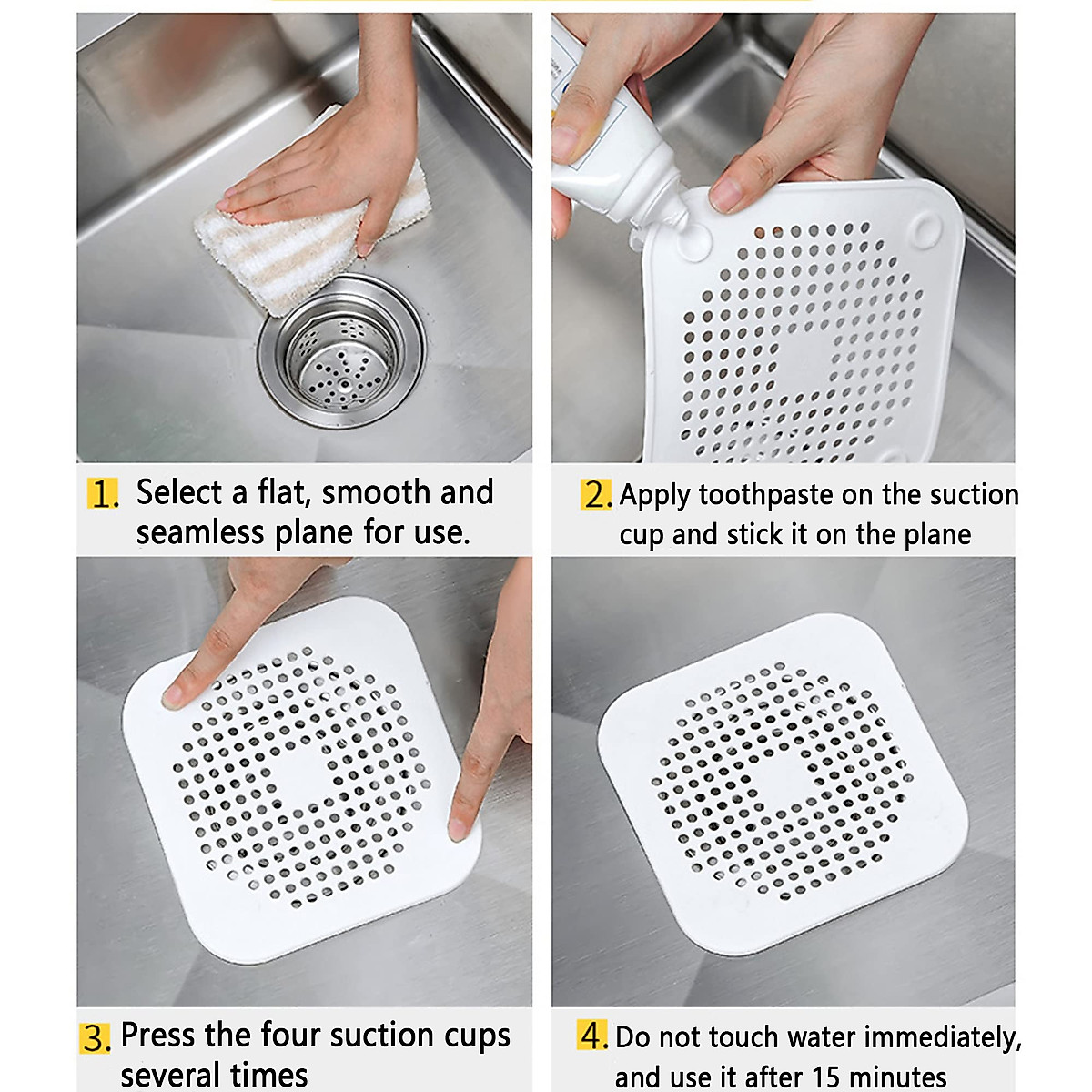 2 Pack Shower Drain Hair Catcher-Square 5.7 Inch Flat Durable Silicone Drain Hair Catcher, Shower Drain Hair Catcher with Suction Cups Easy to Install Bathroom,Bathtub,Kitchen (Gray)