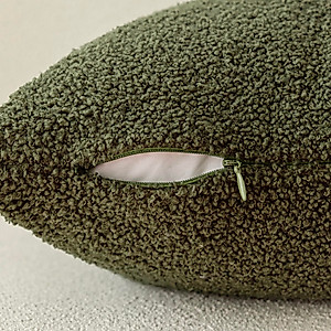 Foindtower Pack of 2, Curly Faux Fur Decorative Throw Pillow Covers Soft Plush Cushion Case with Zipper Cozy Fluffy Boho Pillowcase for Home Living Room Couch Bed Sofa 18 x 18 Inch, Moss Green