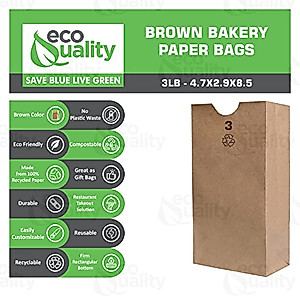 EcoQuality 100 Small Brown Kraft Paper Bag (3 lb) Small - Paper Lunch Bags, Small Snacks, Gift Bags, Grocery, Merchandise, Party Bags (4-3/4" x 2-15/16" x 8-9/16) (3 Pound Capacity)