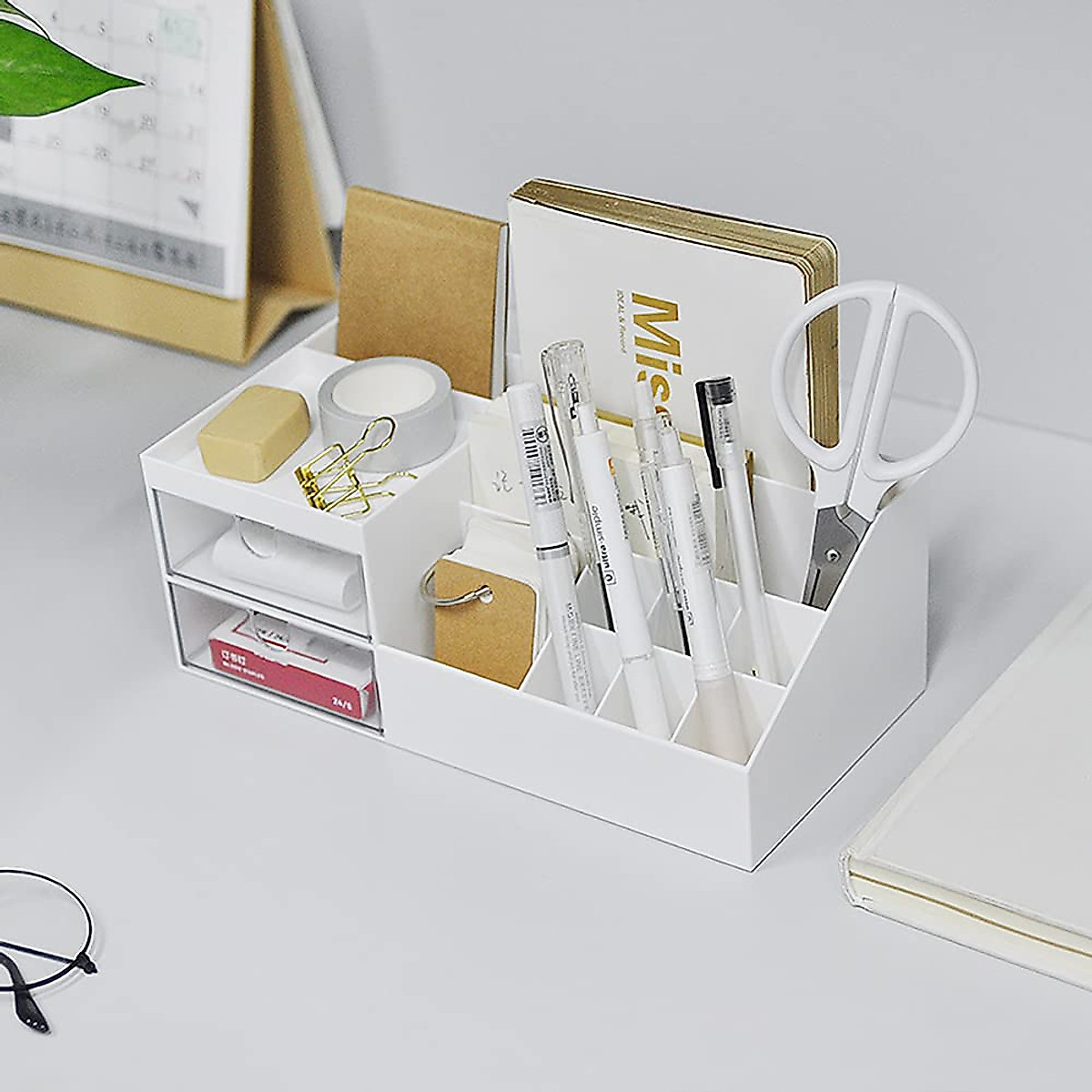 ICCGBHGO Cosmetic Organizer, Makeup Skincare Small Vanity Desk Accessories Dresser Countertop Beauty Organizer Holder Storage Case Display Box with Drawer for Bathroom Office Supplies White.