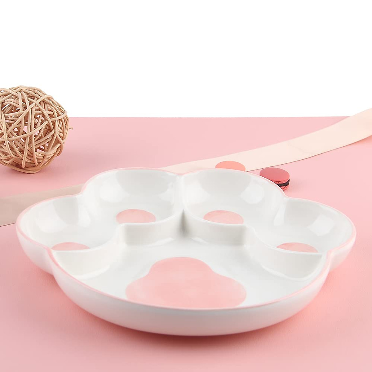 HOKMOKQOK Porcelain Divided Serving Dishes,Ceramics Cat Paw Relish Tray,Candy bowl,Cute Compartment Serving Bowls for Party Christmas Perfect for Chips and Dip, Veggies, Candy and Snacks Pink 8.5inch
