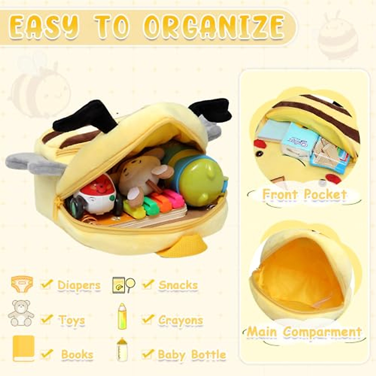 Kasqo Cute Toddler Backpack for Boys and Girls, 9.4" 3D Soft Plush Animal Mini Lightweight Travel Bag for Baby, Flying Bee