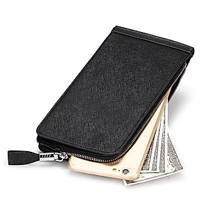 JEEBURYEE Women's Genuine Leather Multi Credit Card Holder Wallet RFID Blocking Long Bifold Clutch Wallet Ladies Purse with Zipper Pocket Black