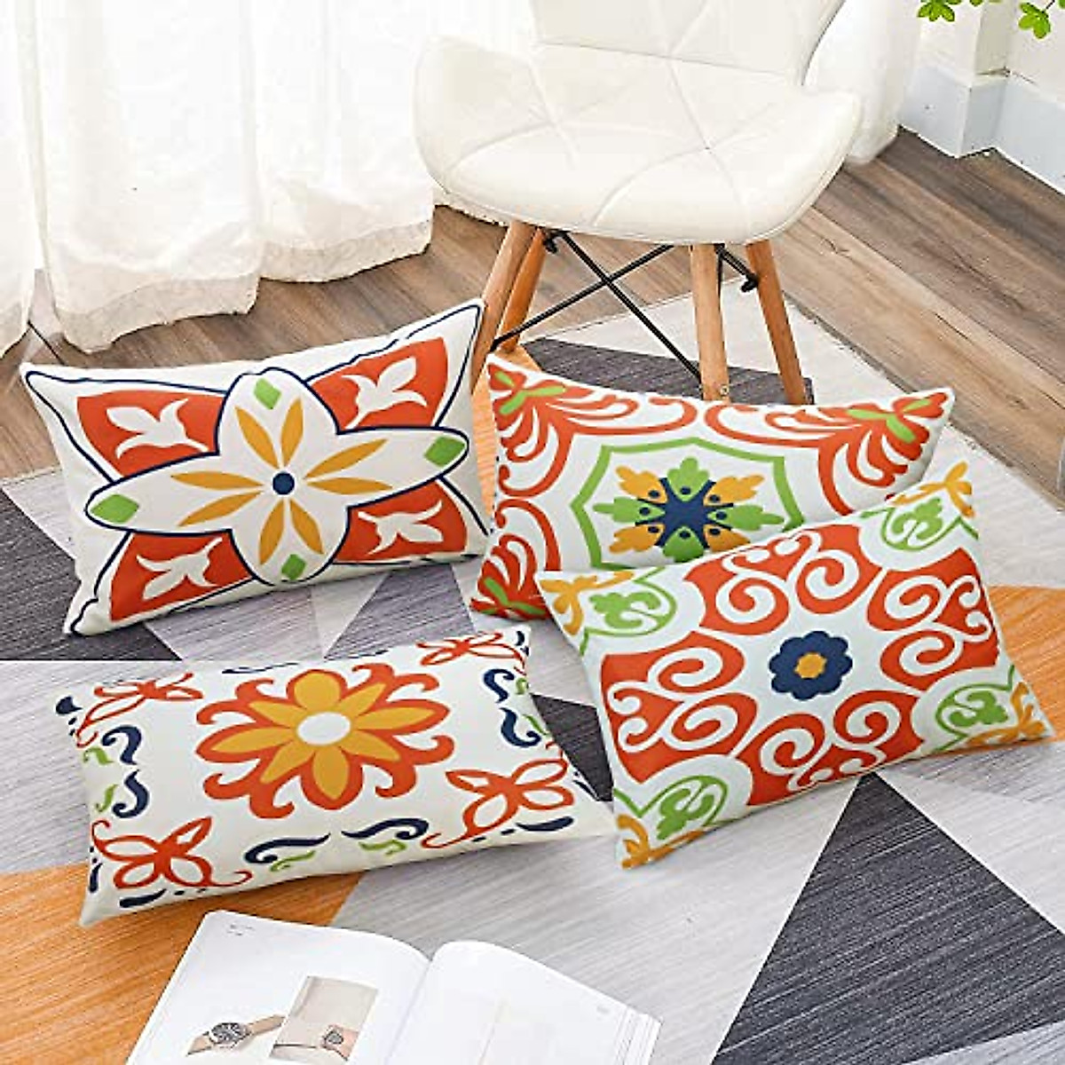 Pyonic Outdoor Lumber Pillow Covers Waterproof Throw Pillow Covers for Patio Furniture Decorative Boho Pillow Case 12x20 Floral Printed for Patio Tent Couch Garden Set of 4,Orange