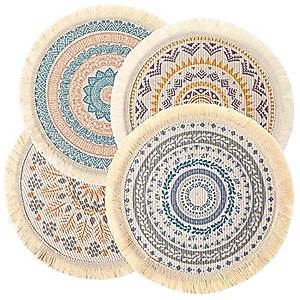 LUOZZY 4 Pcs Round Braided Placemats Table Mats Farmhouse Jute Table Mats with Pompom Tassel