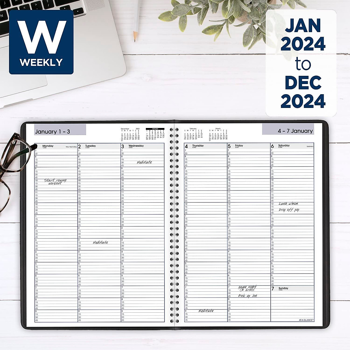 AT-A-GLANCE 2024 Weekly Planner, DayMinder, Quarter-Hourly Appointment Book, 8" x 11", Large, Black (G5200024)