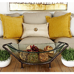 Deco 79 Tempered Glass Kitchen Serving Bowl with Brown Metal Base, 26" x 10" x 9", Clear