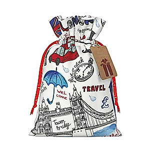 Londonchristmas Drawstring Gift Bag, Linen Drawstring Gift Bag, Reusable Drawstring Gift Bag, Used For Christmas, Birthday, Wedding Supplies