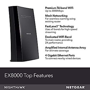 NETGEAR WiFi Mesh Range Extender EX8000 - Coverage up to 2500 sq.ft. and 50 Devices with AC3000 Tri-Band Wireless Signal Booster & Repeater (Up to 3000 Mbps Speed), Plus Mesh Smart Roaming