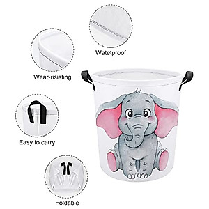 Watercolor Animals Waterproof Laundry Baskets Elephant Panda Hippo Collapsible Laundry Hamper with Handles Large Round Toy Bin for Dirty Clothes,Kids Toys,Bedroom,Bathroom