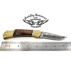 Best.Buy.Damascus1 Damascus pocket knife, Folding knife, Pocket Knife For Men, Knife Set with knife sharpeners Premium Quality gifts for men (Rose Scrimshaw)