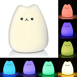 LUNSY Cat Night Light, LED Cute Silicone cat lamp with Color Changing Tap Control Battery Operated for Kids Baby Girl Children Toddler.