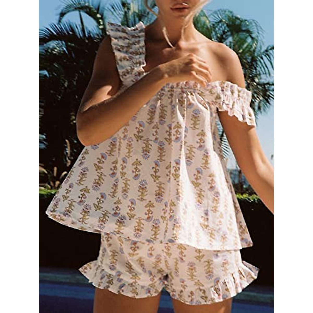 Farktop Womens Floral Print Pajama Sets Ruffle Trim Cami and Casual Shorts 2 Piece Lounge Set PJ Blue