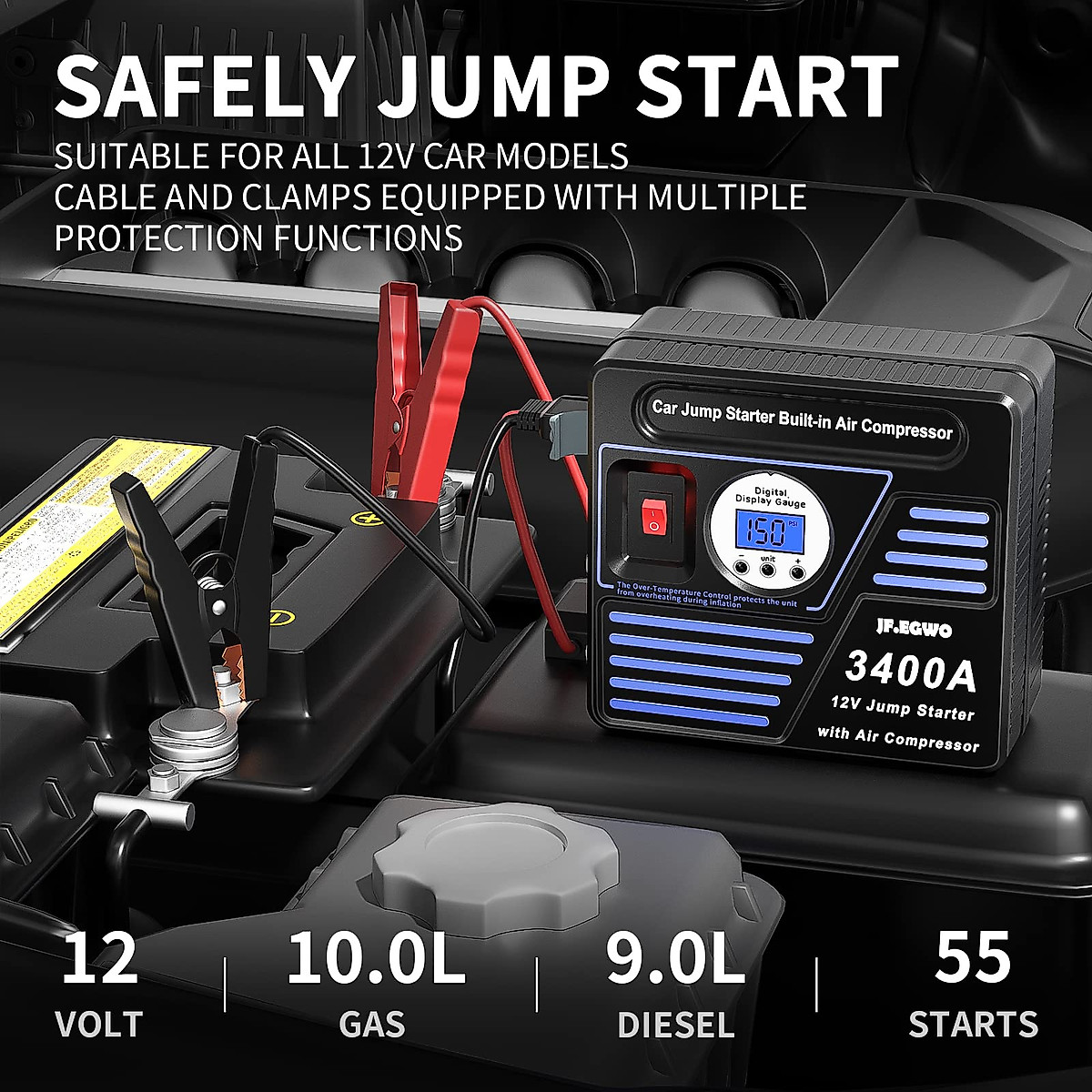 3400A Car Jump Starter with Air Compressor, 150PSI Tire Inflator with Digital Screen Pressure Gauge, 24000mAh 12V Auto Battery Booster (10.0L Gas/ 9.0LDiesel Engine), 2 USB Port 2 Light