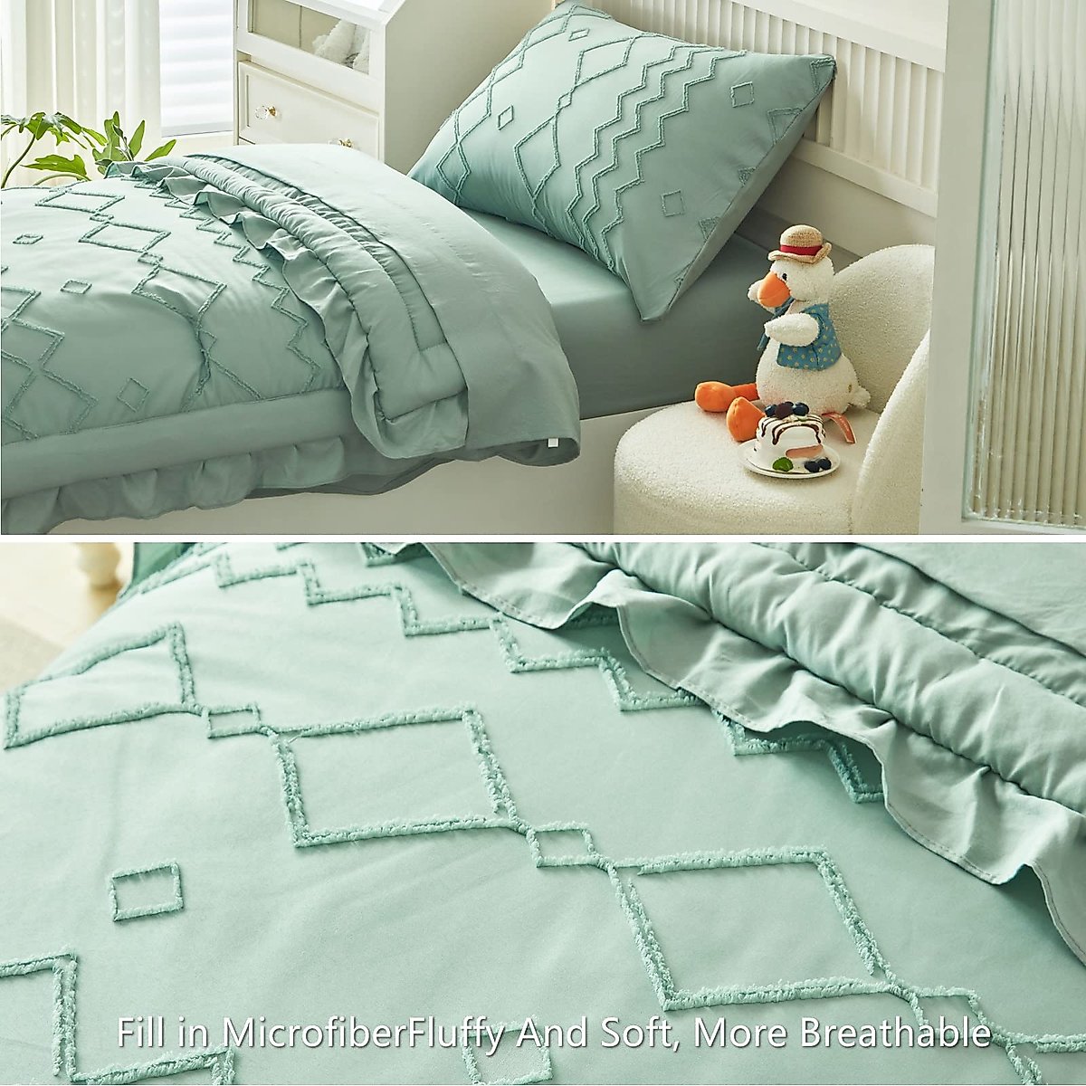 AIKASY Toddler Bedding Set 4 Pieces Super Soft Comforter Set, Shabby Boho Bohemian Design for Boys and Girls（Ruffle Fringe Comforter, Flat Sheet, Fitted Sheet and Pillowcase）- Green