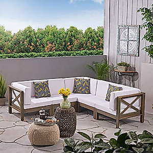 Great Deal Furniture Keith Outdoor Acacia Wood 5 Seater Sectional Sofa Set with Water-Resistant Cushions, Gray and White