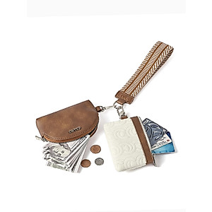 CLUCI Dual Pouch Wristlet Wallet Detachable Leather Keychain Wallet for Women Clutch Zipper Coin Purse Beige With Brown