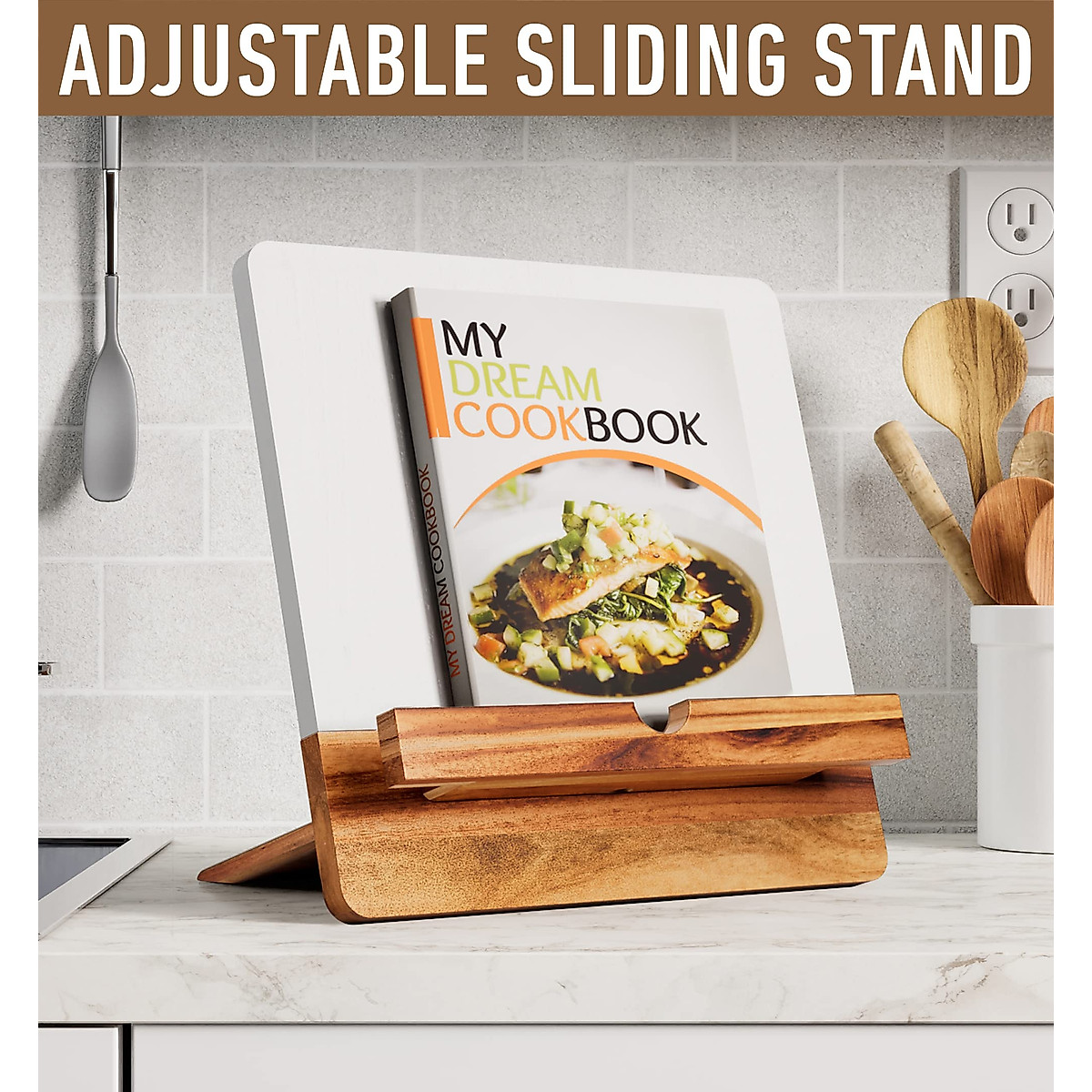 Cookbook Stand for Kitchen Counter - 12" x 12" Large Adjustable Acacia Wood Book Stand for Cookbooks - Recipe Book Holder Stand for Kitchen - Cook Book Stand for Kitchen - Wooden Cookbook Holder Stand