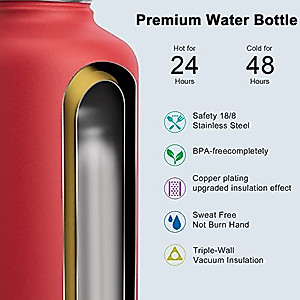 koodee Stainless Steel Water Bottle, 64 oz Double Wall Vacuum Insulated Sports Bottle with Leakproof Spout Lid (Canyon Red)