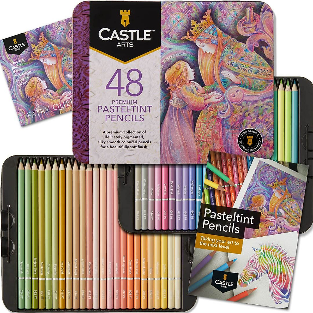 Castle Art Supplies 48 Pasteltint Coloured Pencils Set | Quality Colours in Softer, Sumptuous Tones | For Professional and Adult Artists | Protected and Organised in Presentation Tin Box