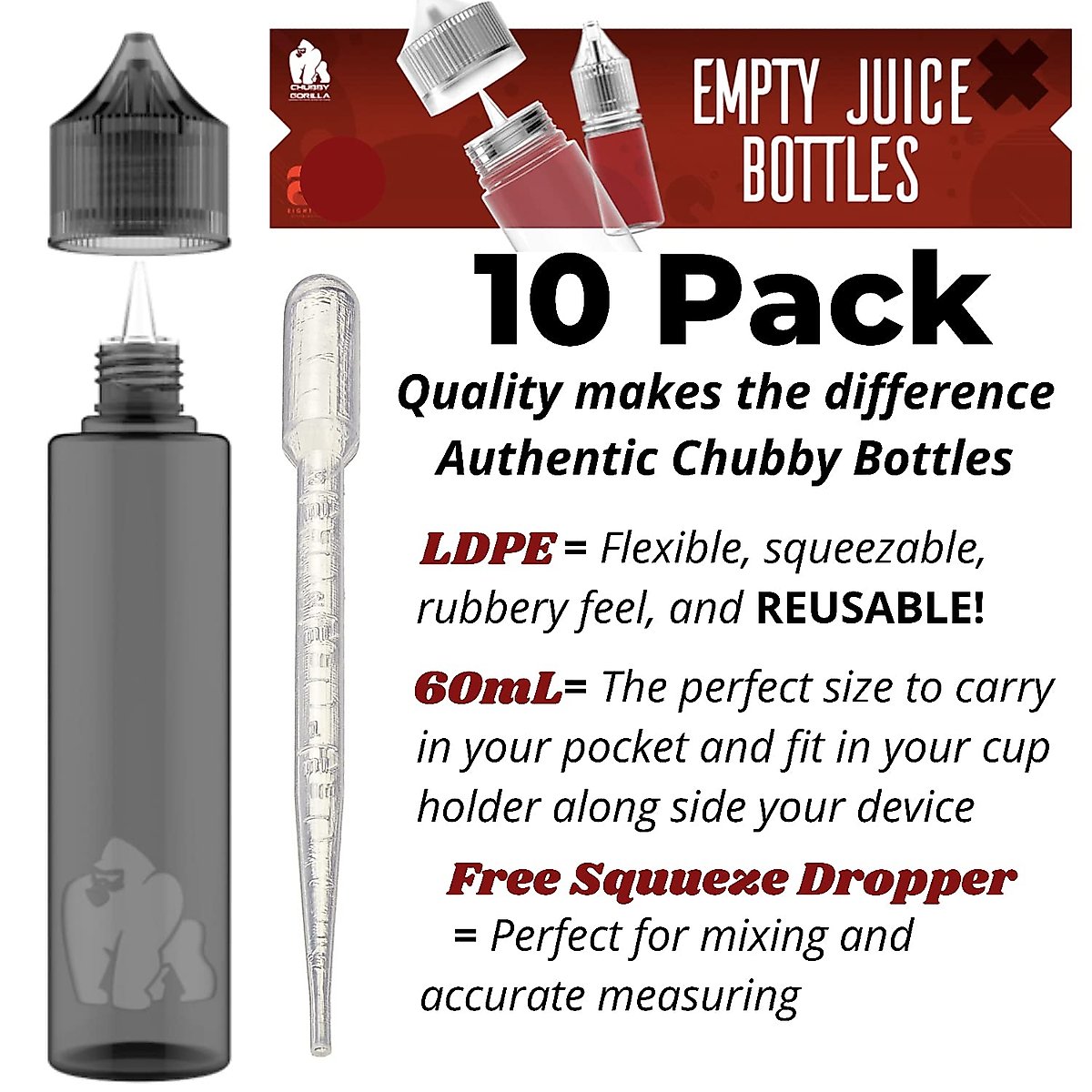 Chubby Gorilla LDPE PET Plastic Unicorn Squeeze Bottle 60ml (10 Pack) Dropper bottle (Transparent Black) REUSABLE, Child Resistant Cap, Easy Drip Tip Applicator Dropper Bottles with Squeeze Dropper